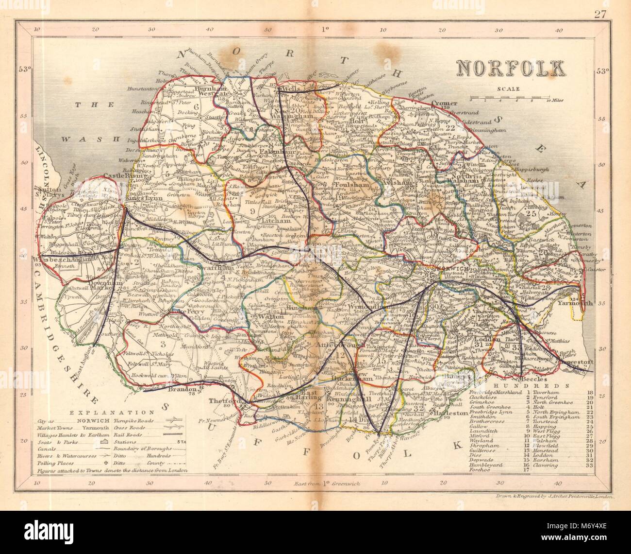 NORFOLK map by ARCHER & DUGDALE. Seats canals polling places 1845 old ...