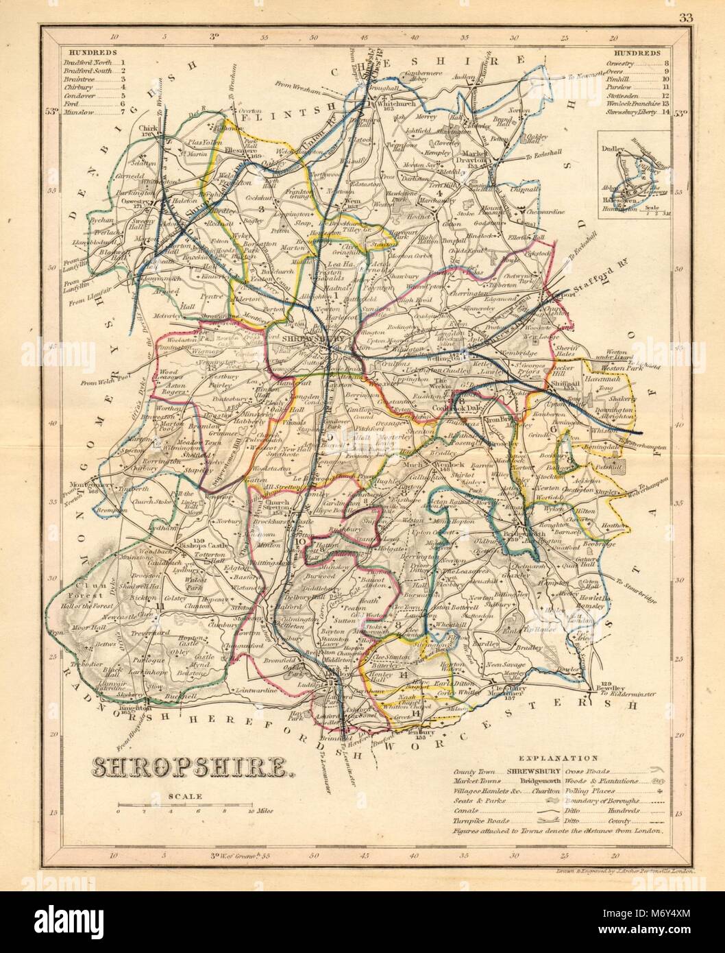 SHROPSHIRE county map by ARCHER & DUGDALE. Seats canals polling places ...
