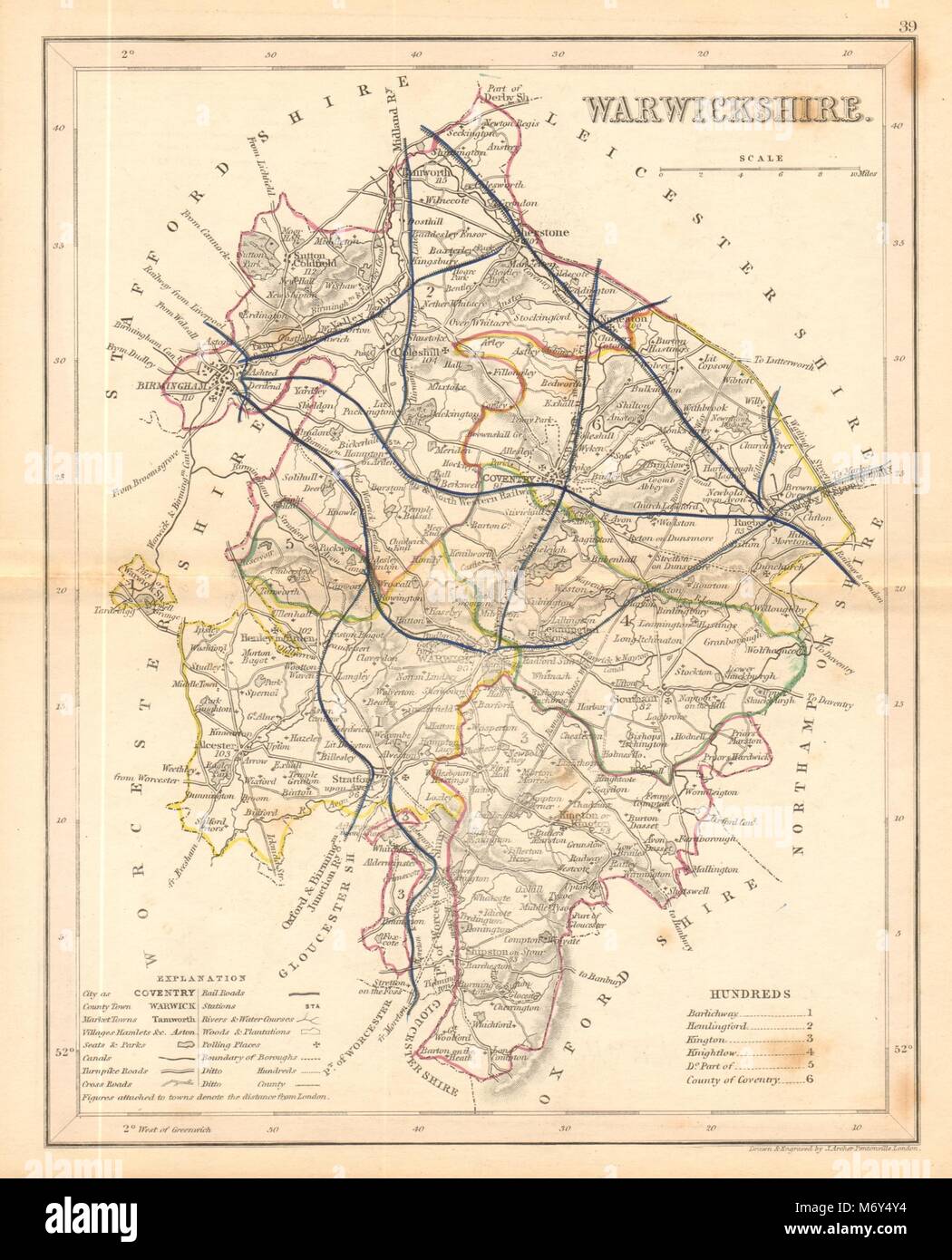 WARWICKSHIRE county map by ARCHER & DUGDALE. Seats canals polling ...