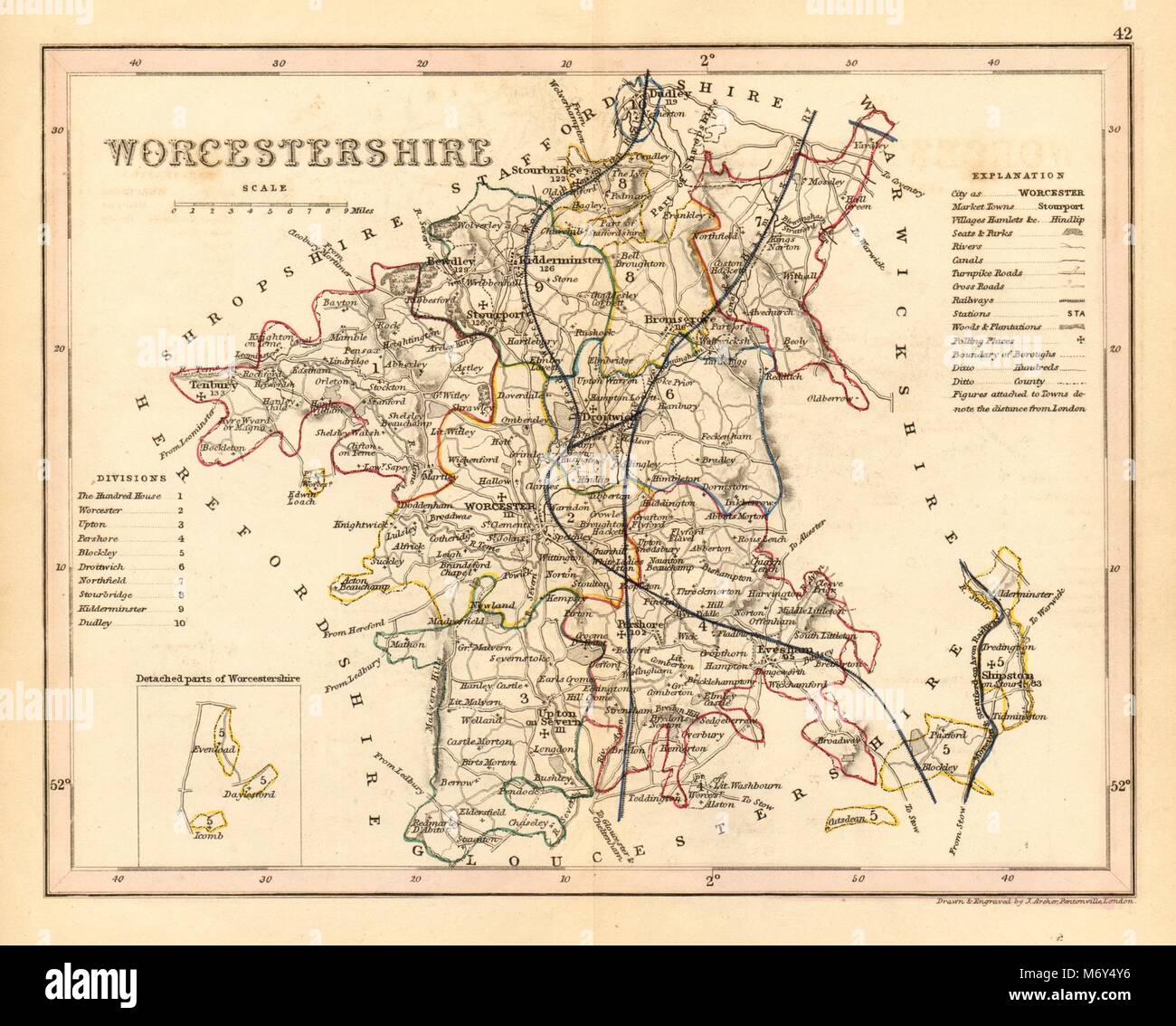 WORCESTERSHIRE county map. ARCHER & DUGDALE. Seats canals polling ...