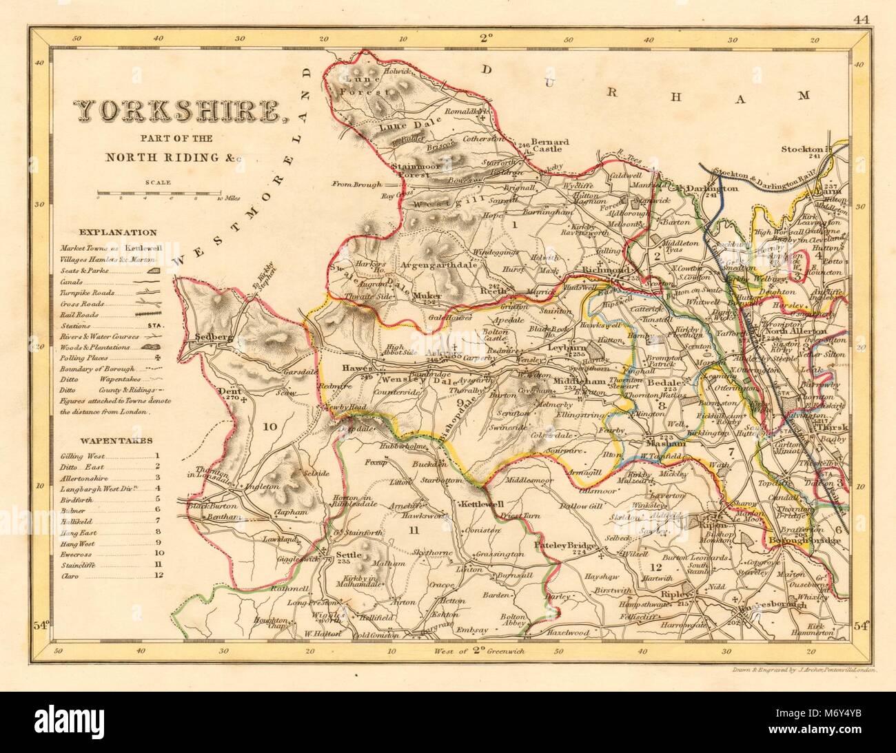 YORKSHIRE, NORTH WEST county map showing wapentakes by ARCHER & DUGDALE ...