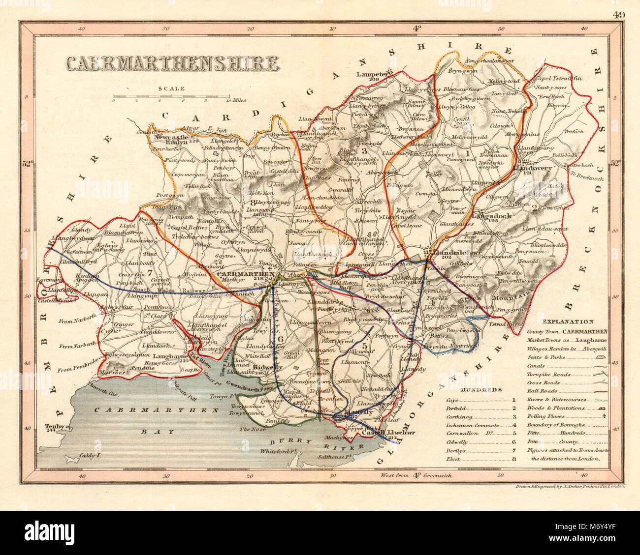 CAERMARTHENSHIRE county map by ARCHER & DUGDALE. Carmarthenshire. Seats ...