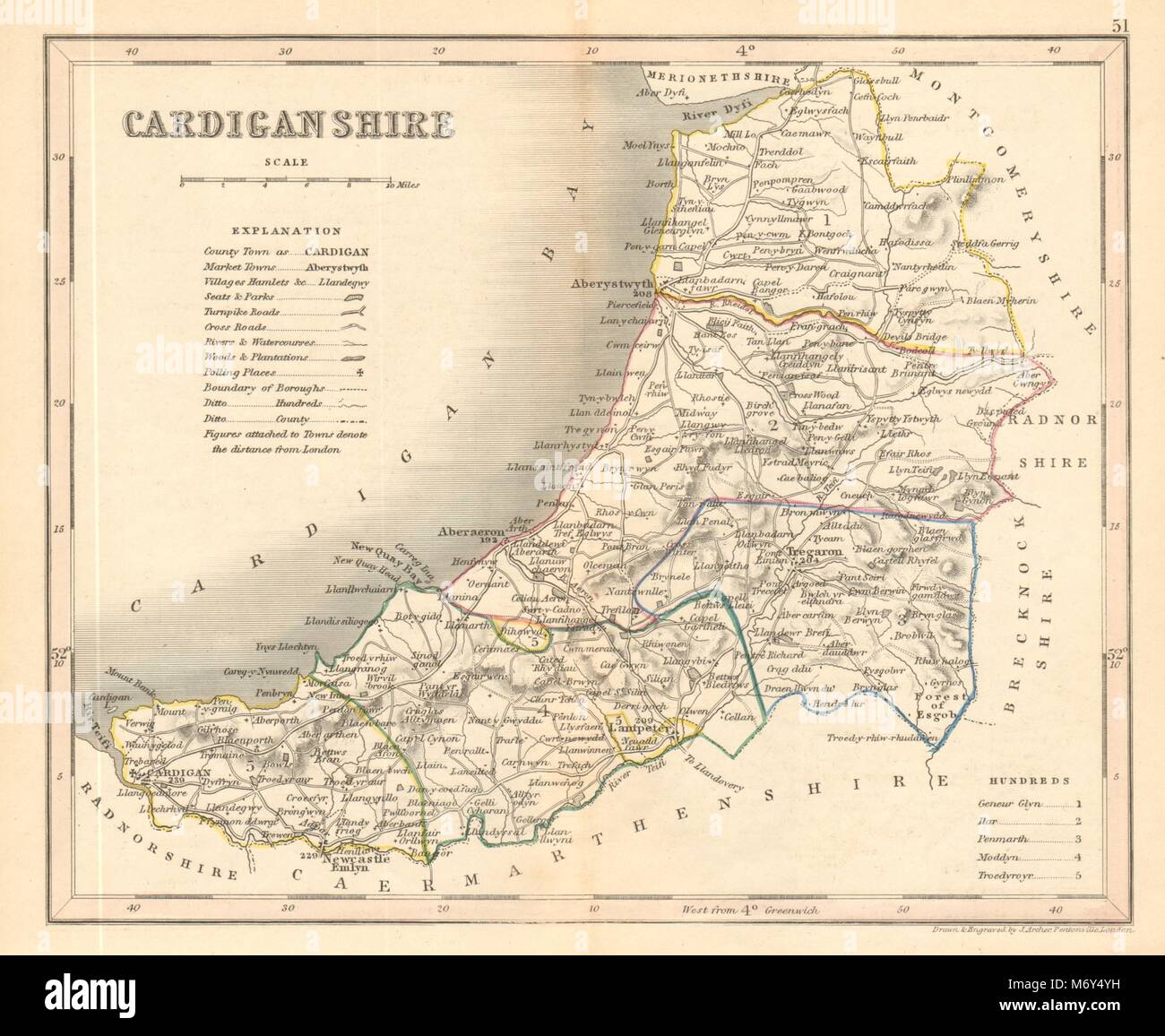 CARDIGANSHIRE county map by ARCHER & DUGDALE. Seats canals polling ...