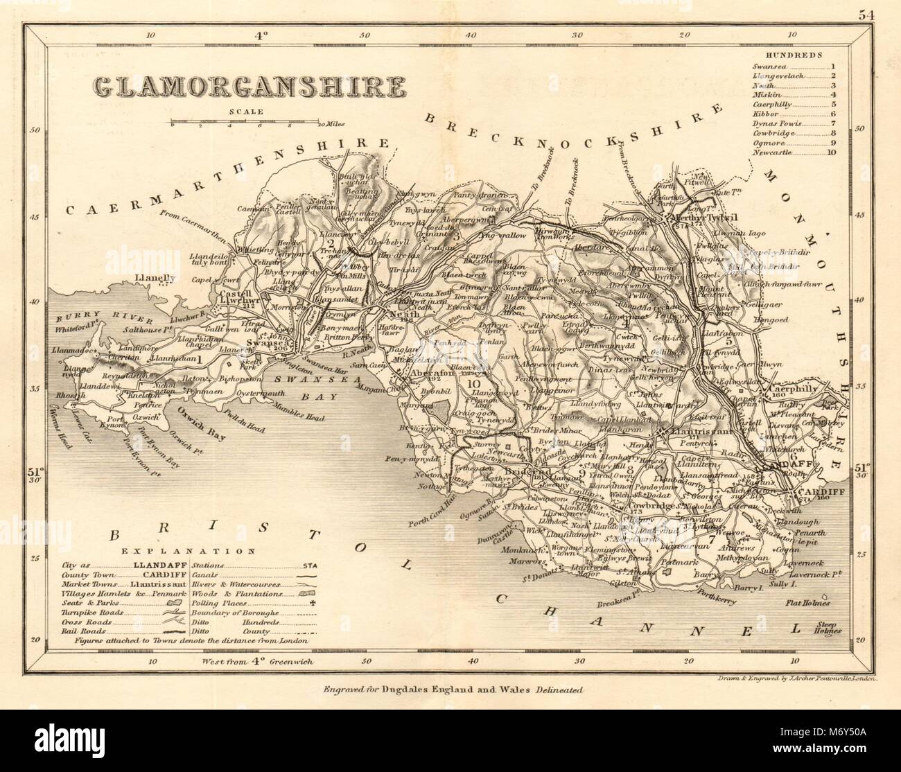 GLAMORGANSHIRE county map by DUGDALE/ARCHER. Seats canals polling ...