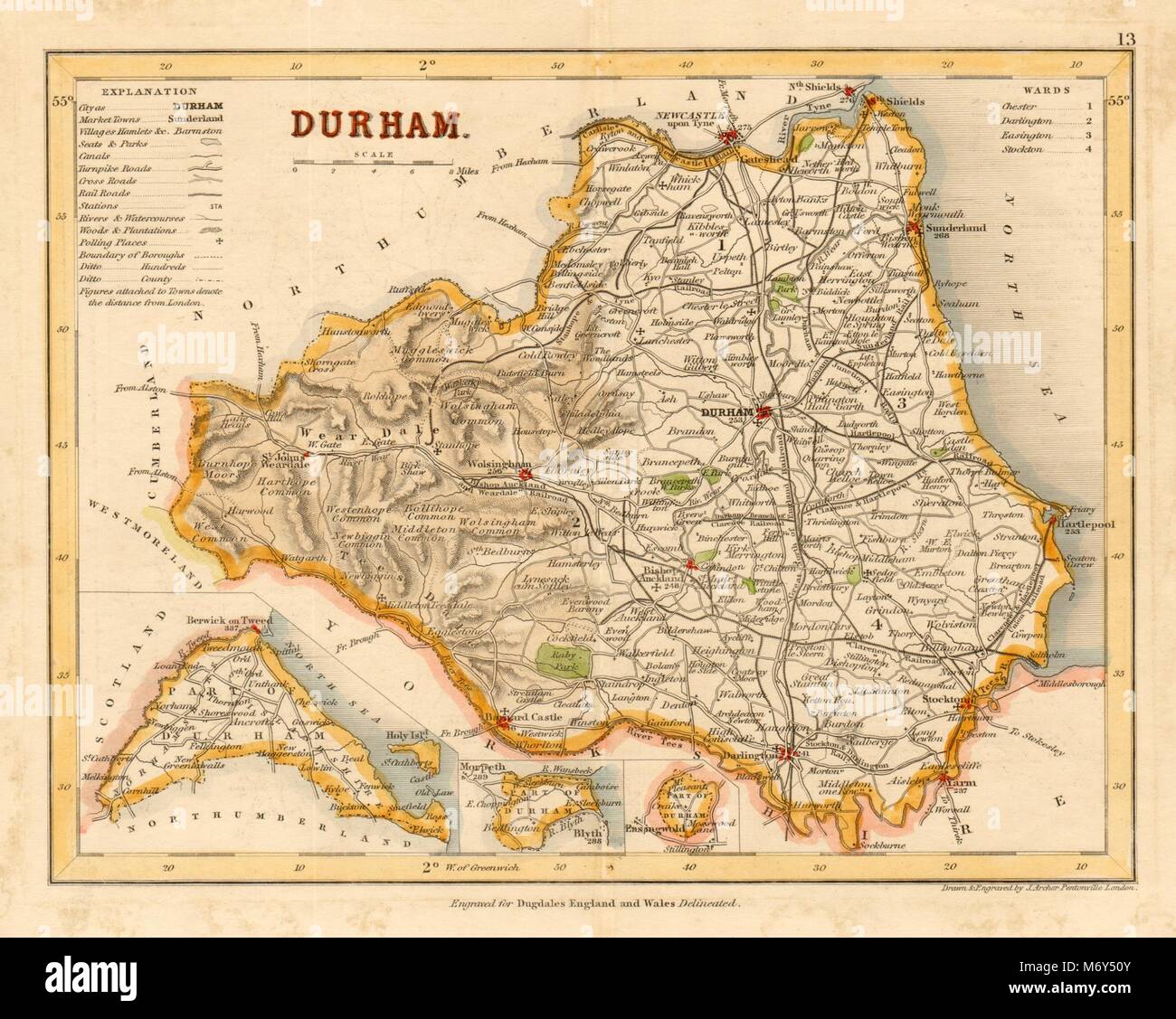 DURHAM county map w/ exclaves. ARCHER & DUGDALE. Polling places seats c1845 Stock Photo - Alamy