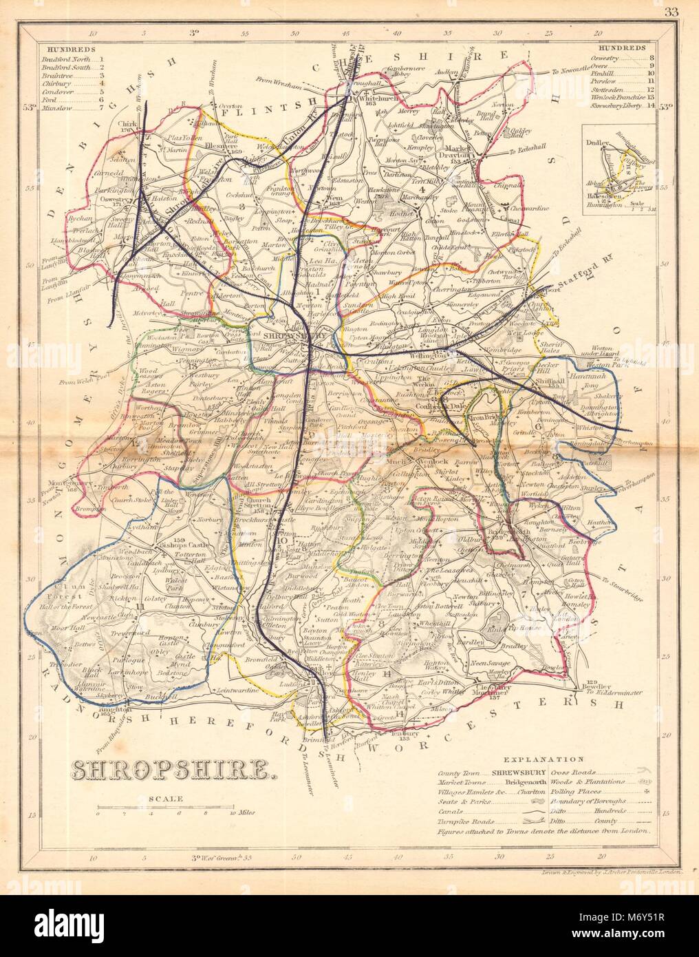 SHROPSHIRE county map by ARCHER & DUGDALE. Seats canals polling places ...