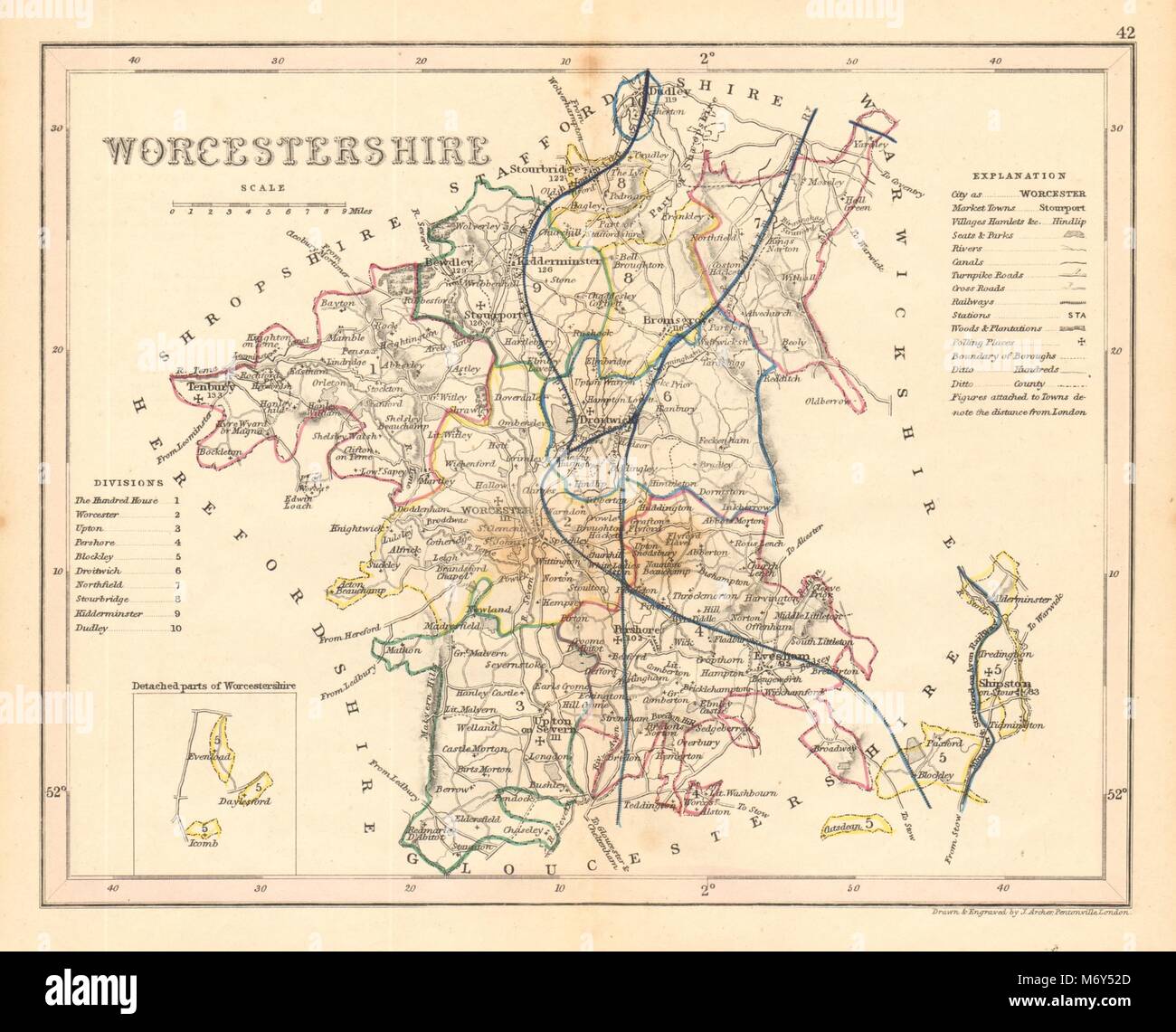 WORCESTERSHIRE county map. ARCHER & DUGDALE. Seats canals polling ...