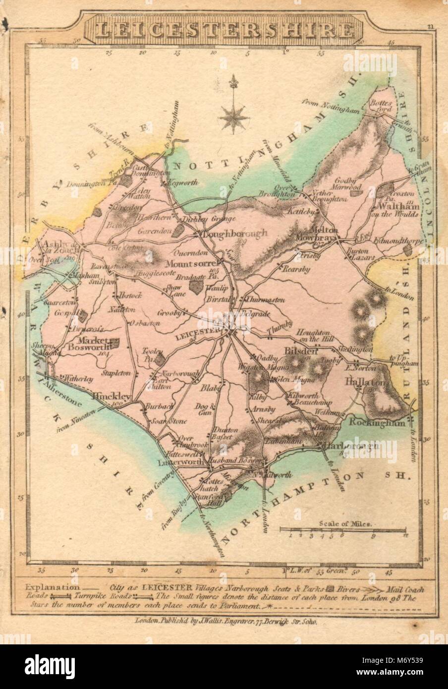 Antique county map of Leicestershire by James Wallis. Hand coloured ...