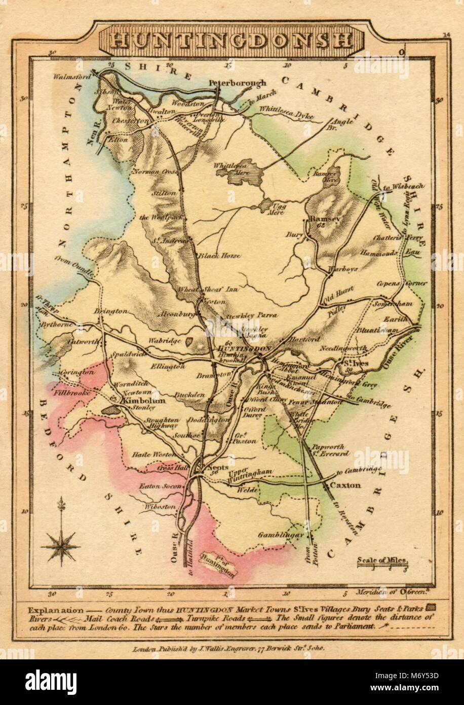 Antique county map of Huntingdonshire by James Wallis. Hand coloured ...