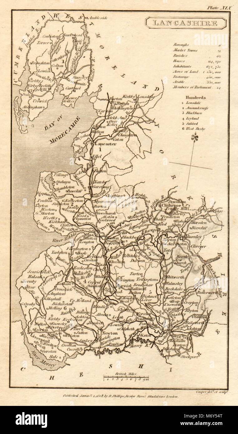 Antique county map of LANCASHIRE by Henry Cooper for Benjamin Pitts ...