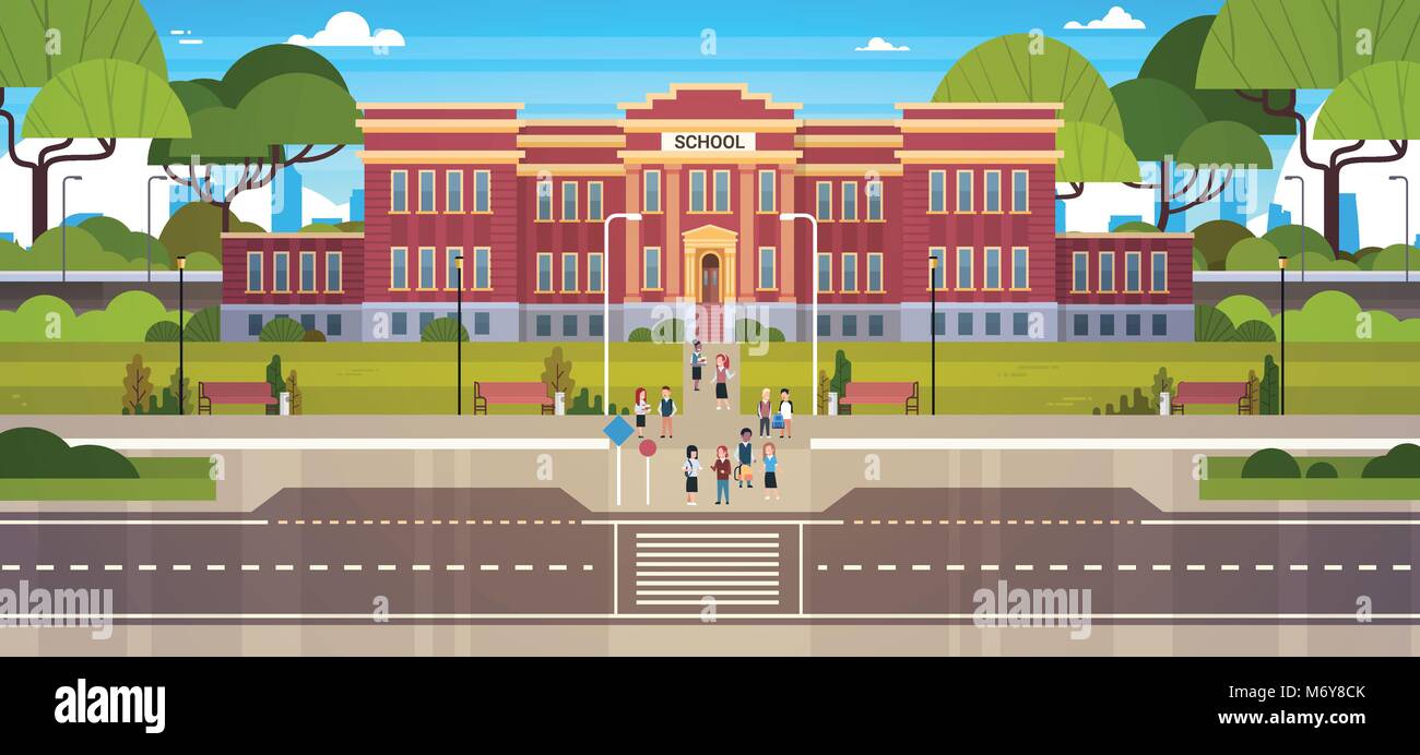 School Building With Group Of Pupils Students On Front Yard With Green ...