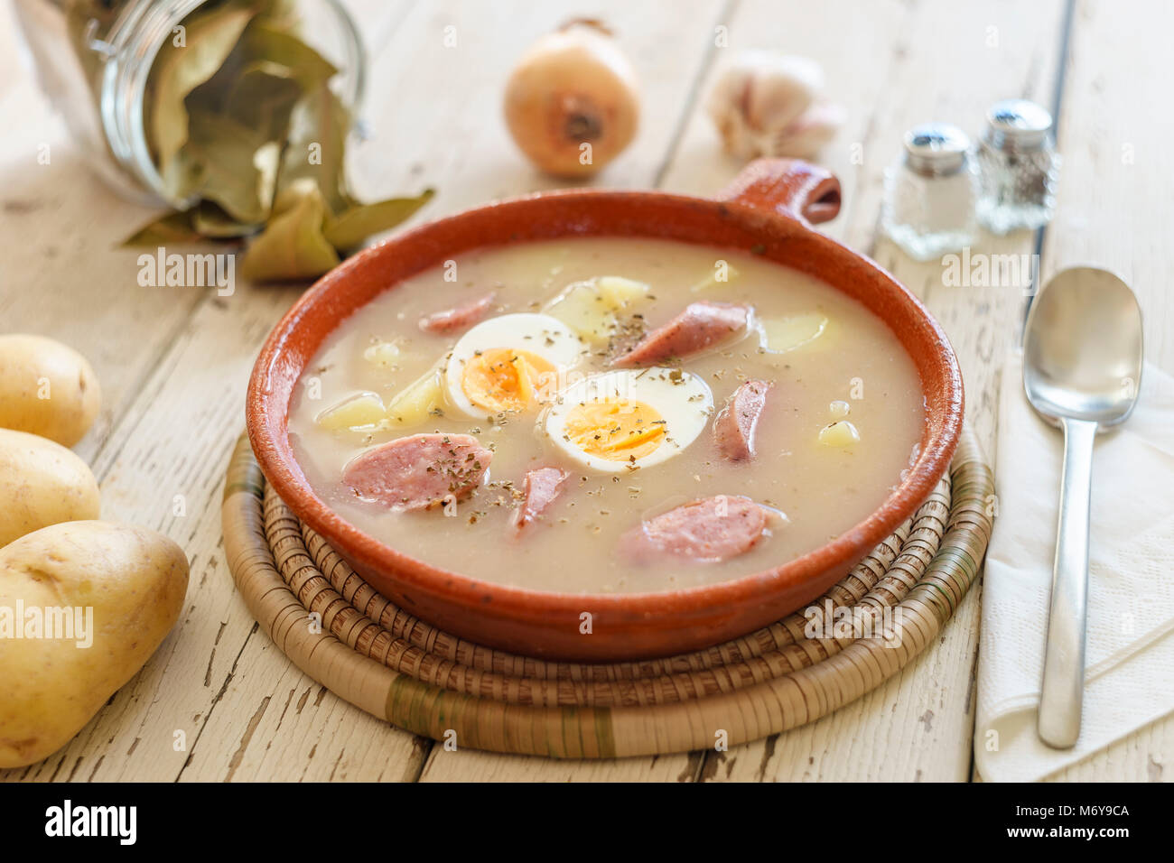 Traditional polish soup called Zurek with eggs and white sausage Stock ...
