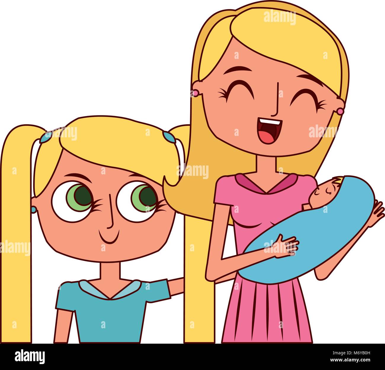 portrait mom carrying her baby and daughter vector illustration Stock ...
