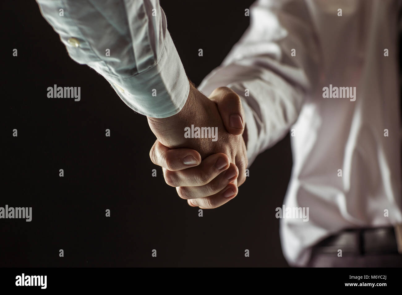 concept of a reliable partnership: a close-up of handshake of business ...