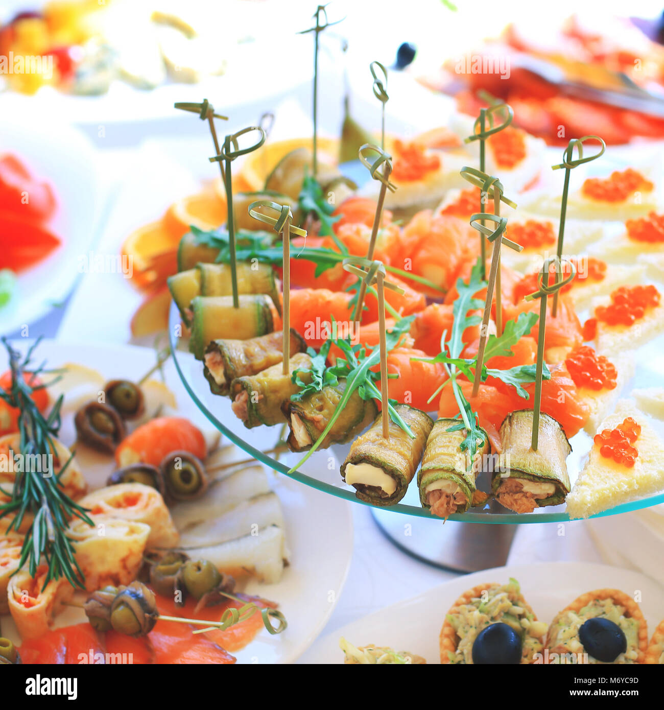 catering table set service with silverware Stock Photo - Alamy