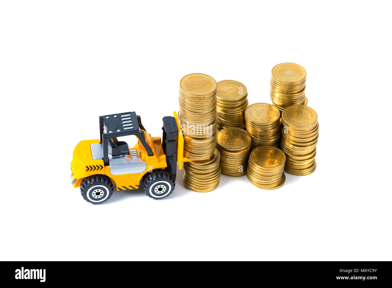 Mini forklift truck loading stack coin with steps of gold coin ...