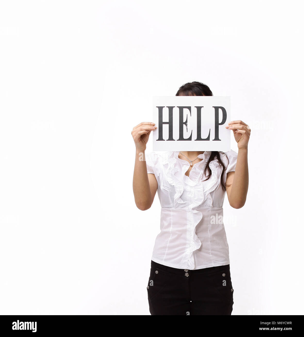 closeup. business woman showing poster with the word help. isolated on ...