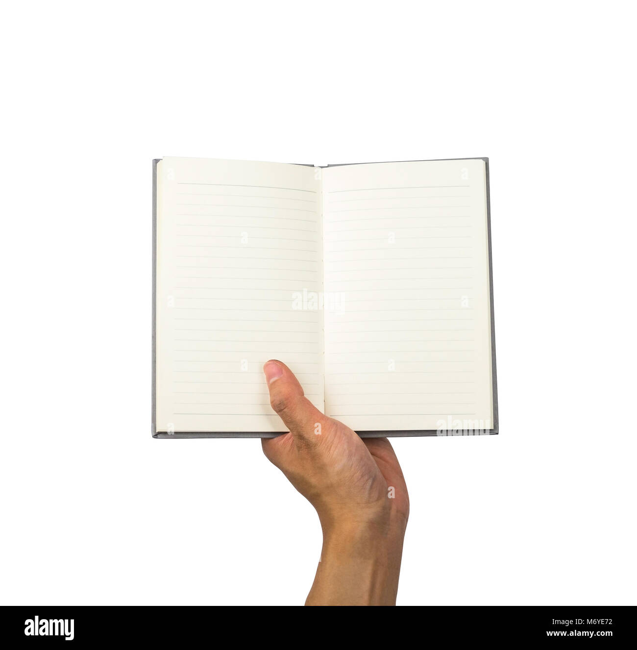 Notebook on one hand holding, with clipping path Stock Photo - Alamy