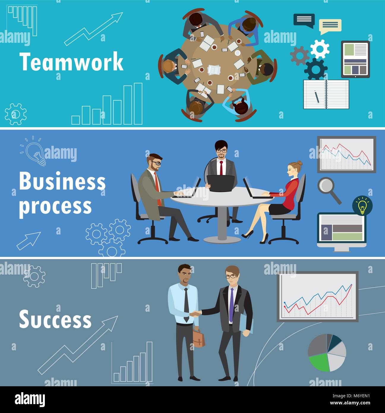 flat banner set with teamwork, business process and success, stock ...