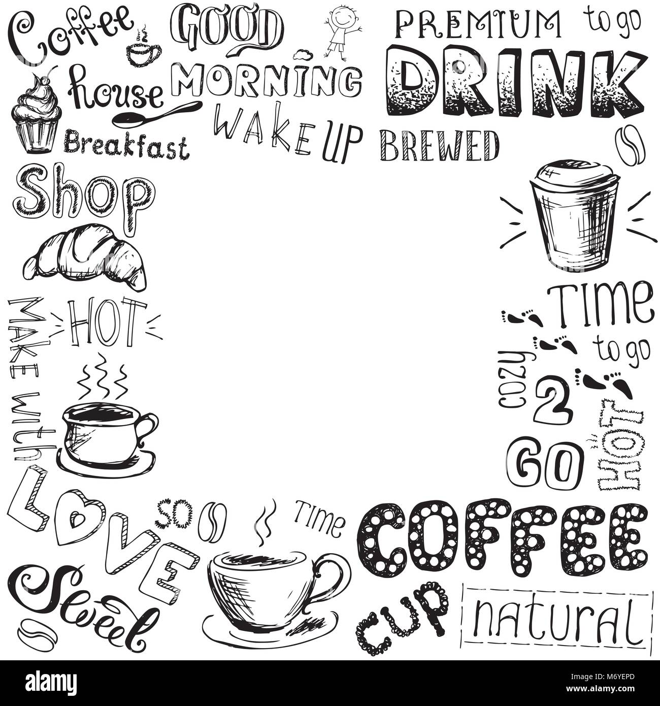 Coffee doodle background or frame, hand drawn on white , stock vector ...