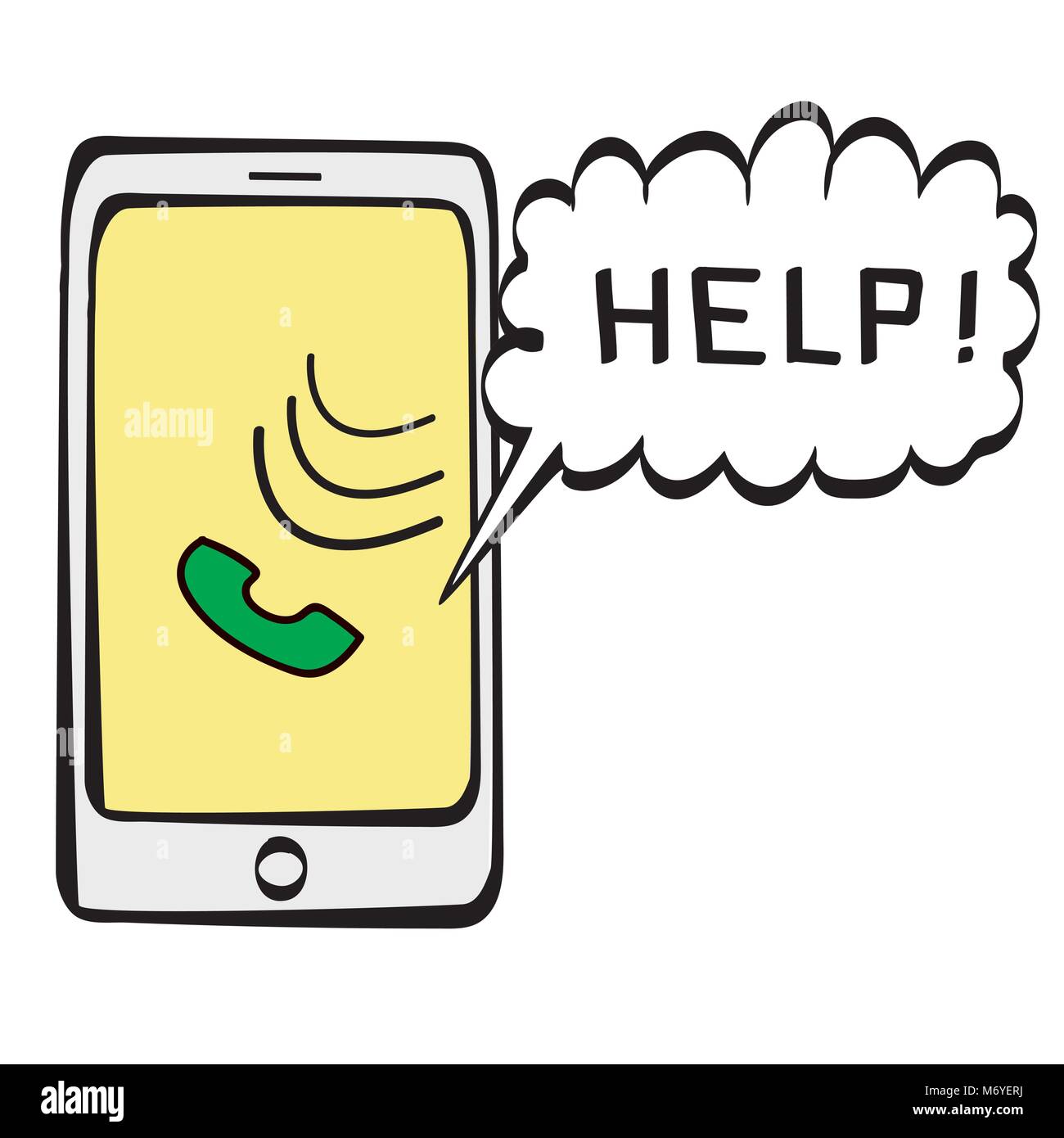 Smart phone sketch with caption saying "Help!" , customer service or ...