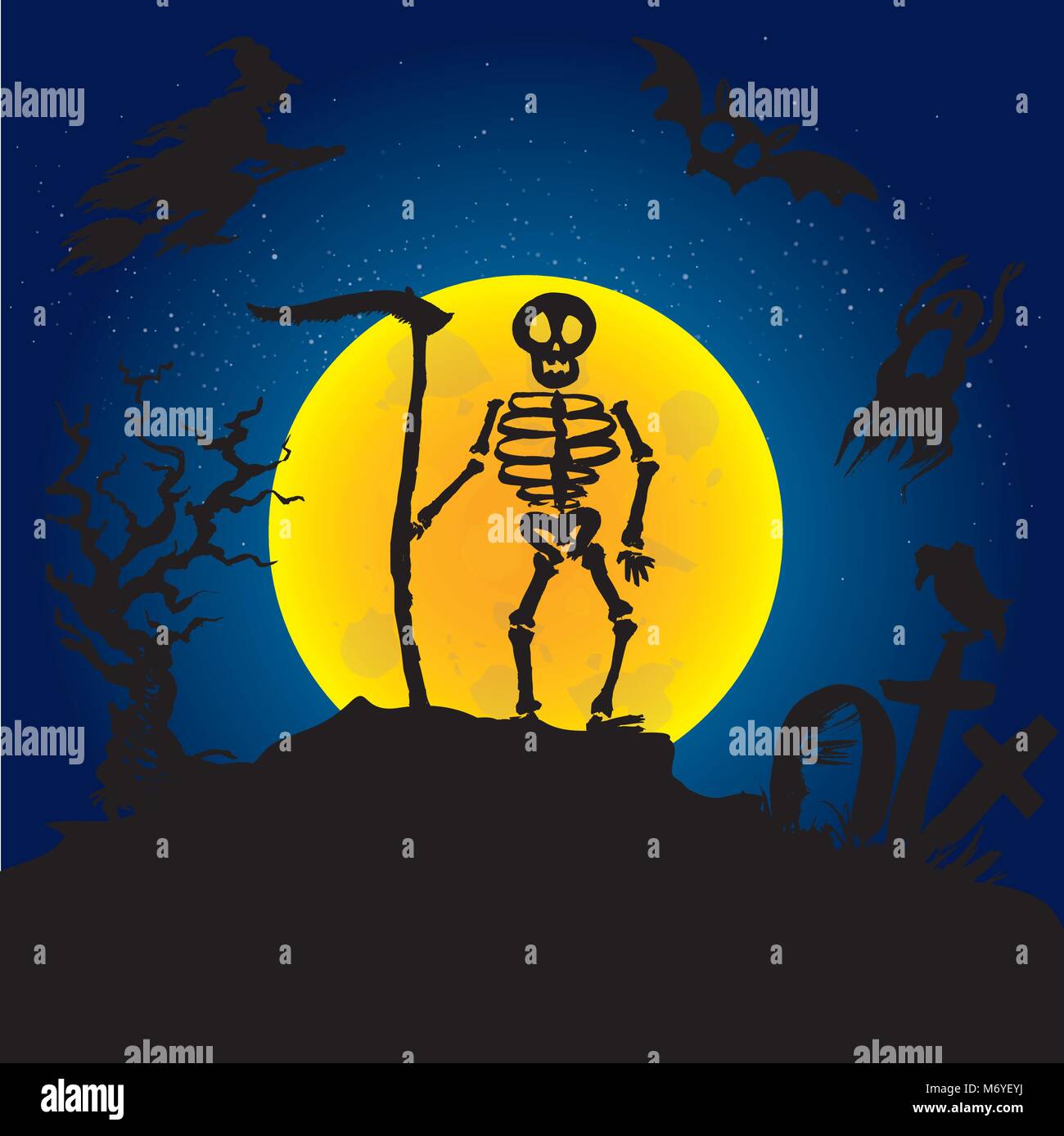 Halloween skeleton on a graveyard. Scary background. Hand drawn vector ...