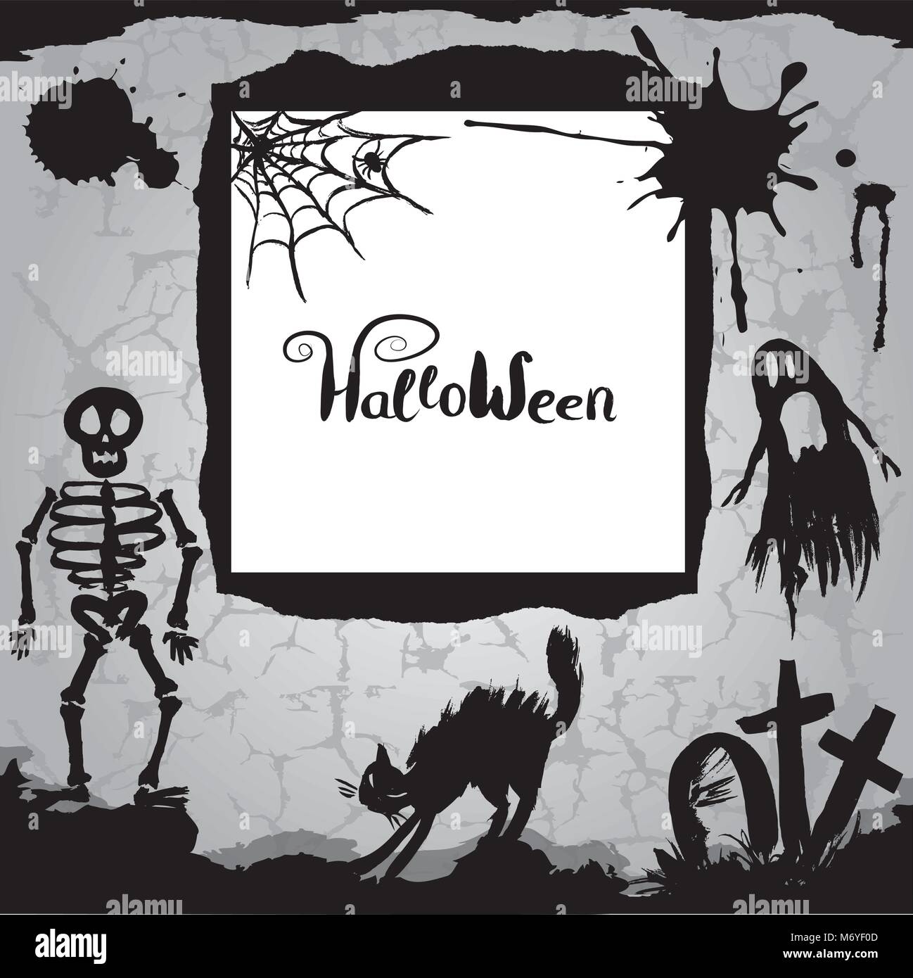 halloween background with scary skeleton,cat and ghost. Vector ...