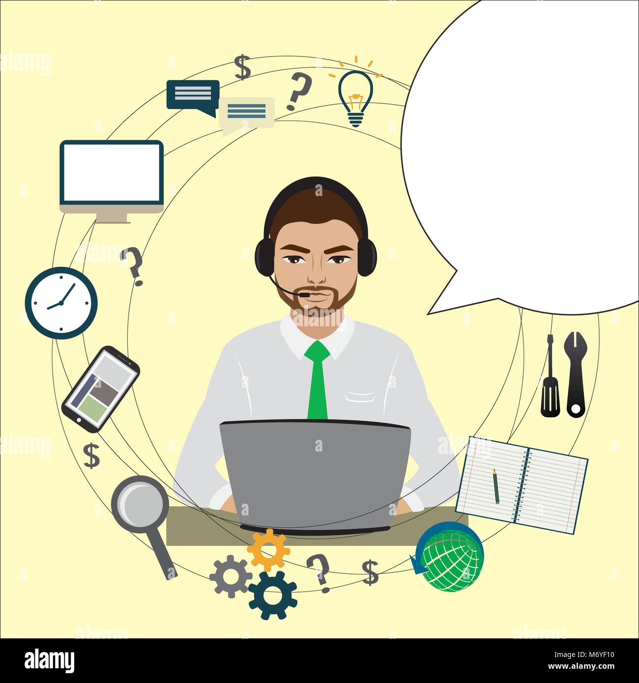 Customer service design, Cartoon phone man operator and icons. stock ...