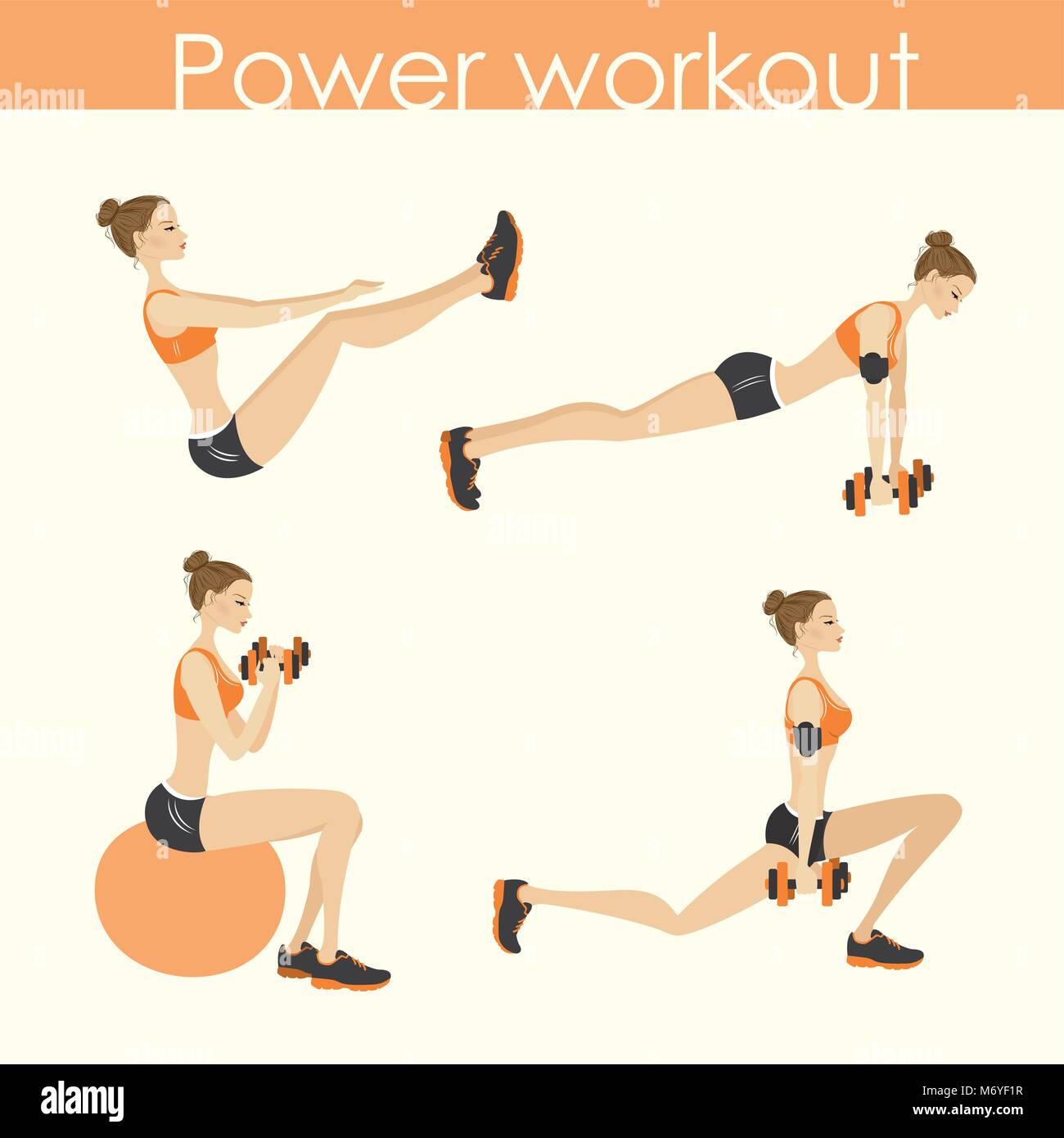 Set- young pretty woman doing power workout, isolated on white, stock ...