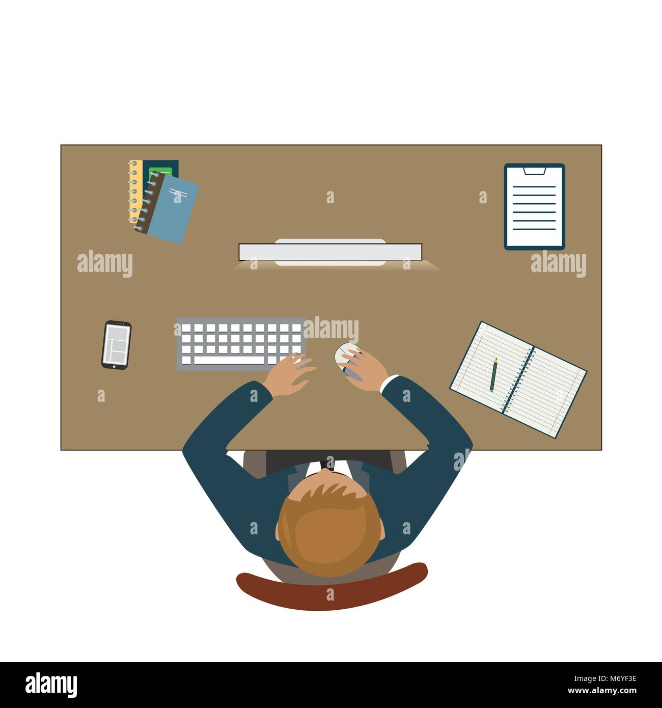 workplace with top view businessman or office worker at table and ...