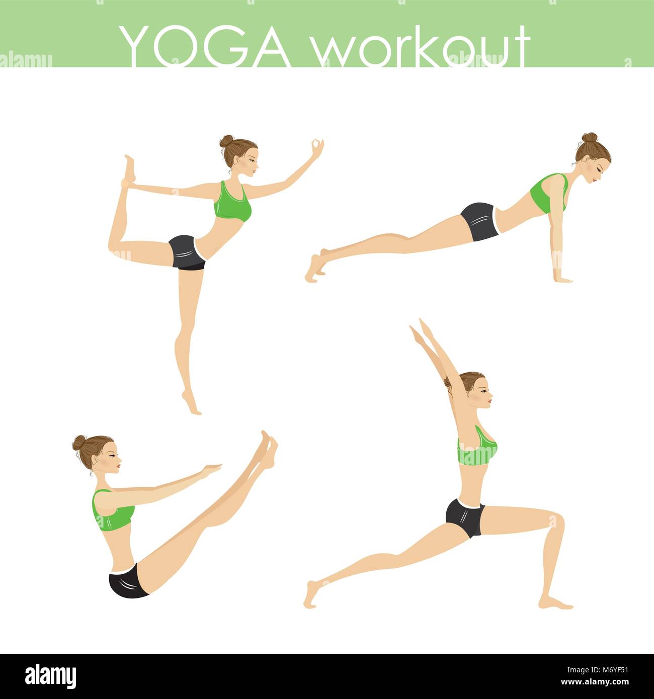 Young pretty girl doing yoga workout poses, set on white background ...