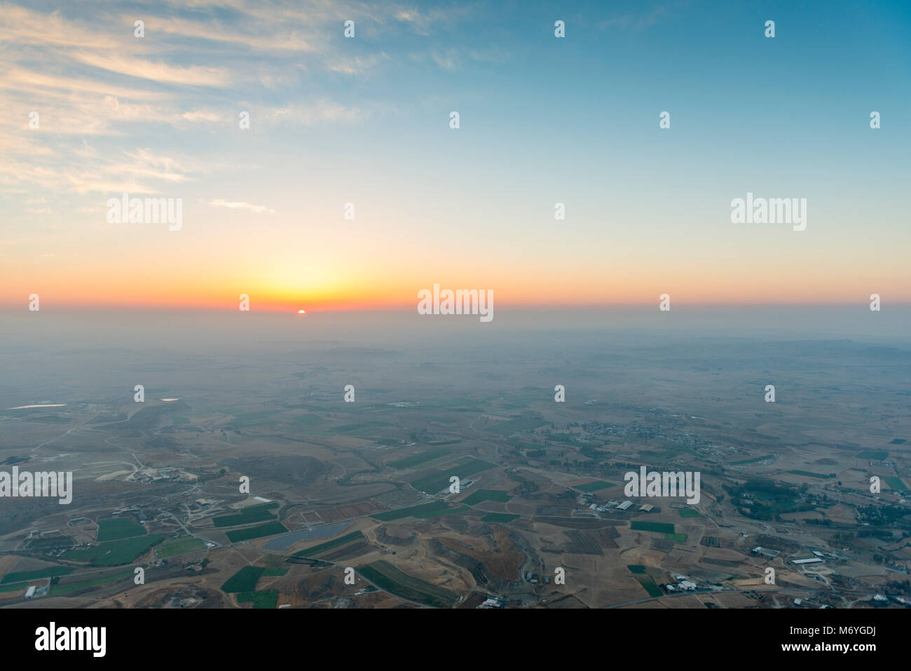 aerial early morning view at sunrise over Nicosia countryside landscape ...