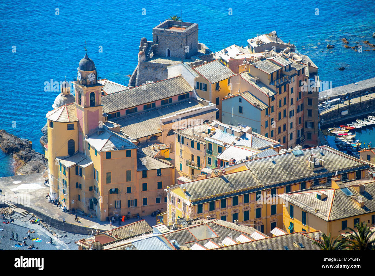Aerial view of city of Camogli , Genoa Province, The church and the ...