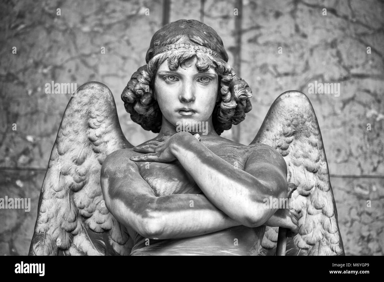 Portrait of loving angel on marble, monumental cemetery of Genoa, Italy ...