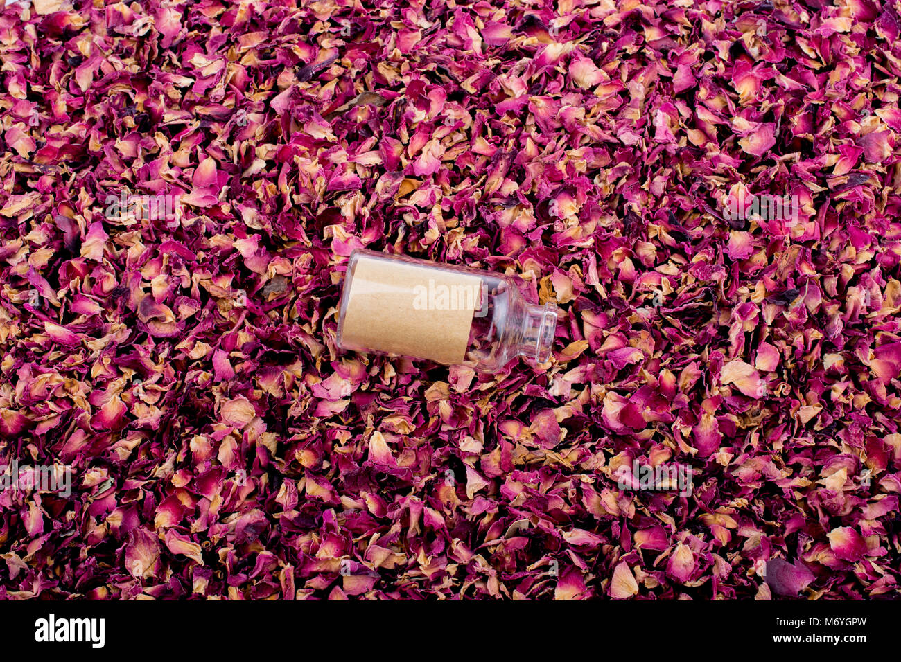 Empty bottle placed on dry rose petal background Stock Photo - Alamy