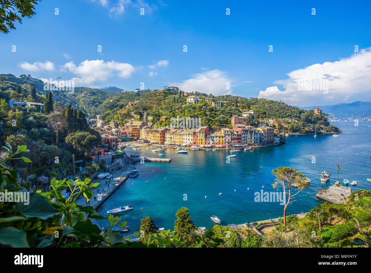 PORTOFINO, ITALY, APRIL 8, 2017 - Panoramic view of Portofino, an ...