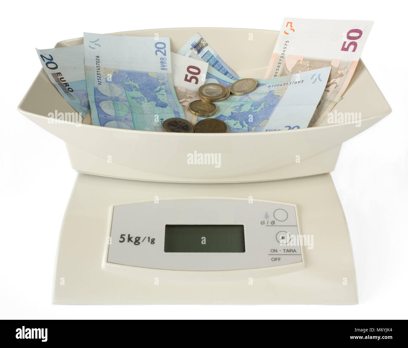 Isolated electronic kitchen weighing scales with banknotes and coins ...