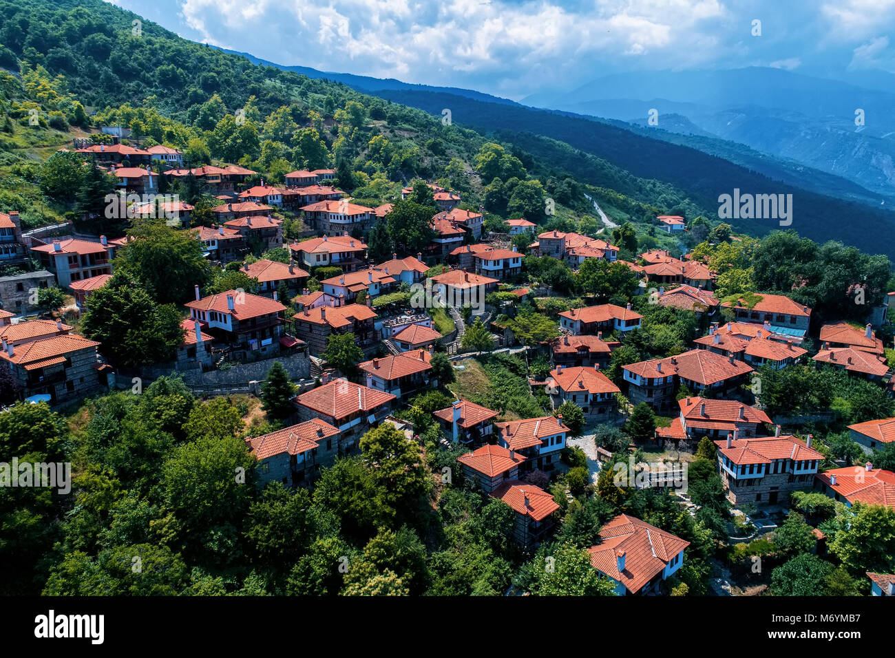 Aerial view of Palaios Panteleimonas is a mountain village, It is built ...