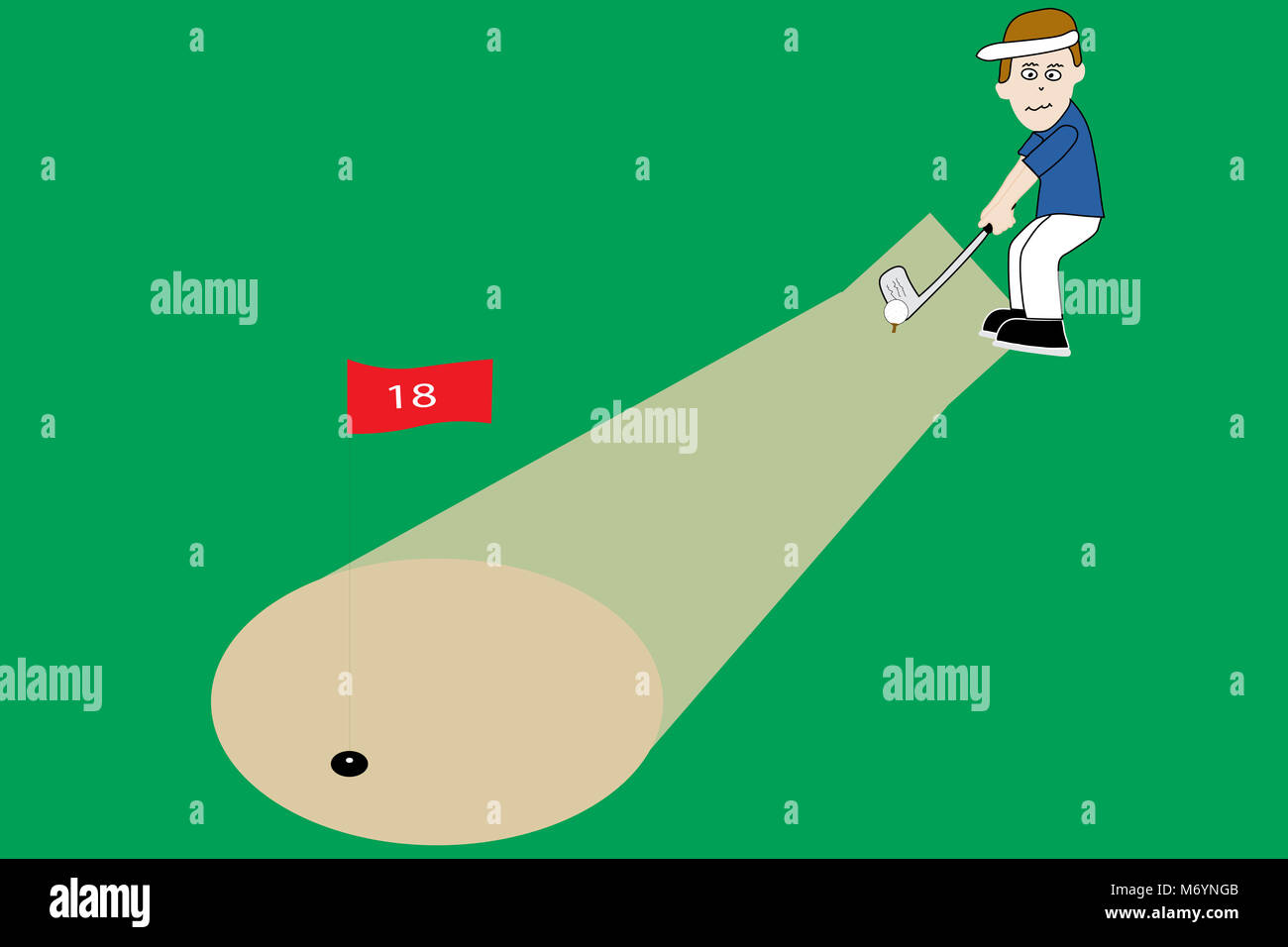 Illustrated cartoon man driving golf ball off tee box on 18th hole of ...