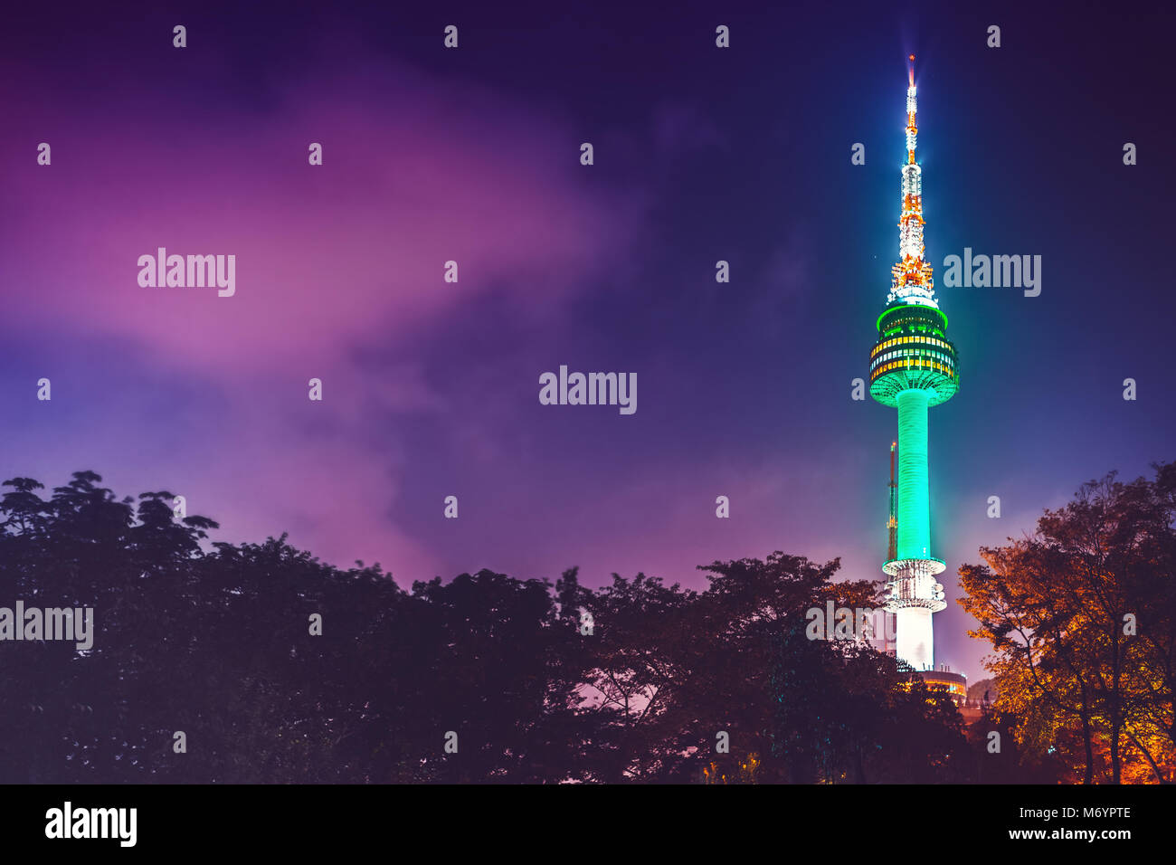 View on famous Namsan tower at night - Seoul, South Korea Stock Photo ...