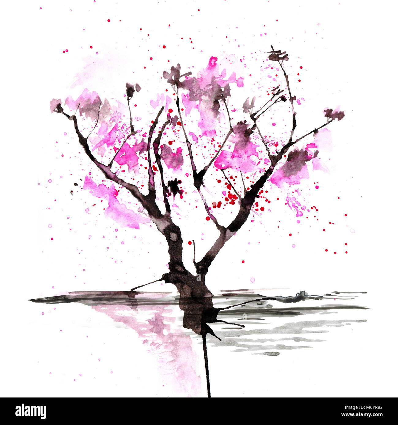 Sakura tree in Japanese style. Watercolor hand painting illustration ...