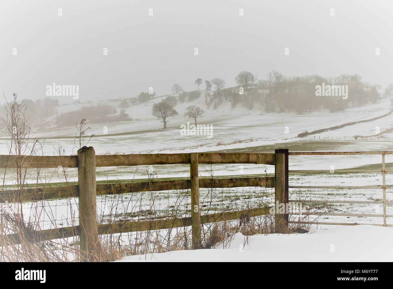 Rustic fence and farmland on snowy misty day hi-res stock photography ...