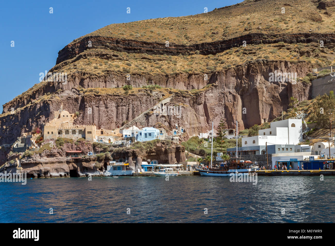 Panoramic view of Port of Fira, Santorini island, Thira, Cyclades ...