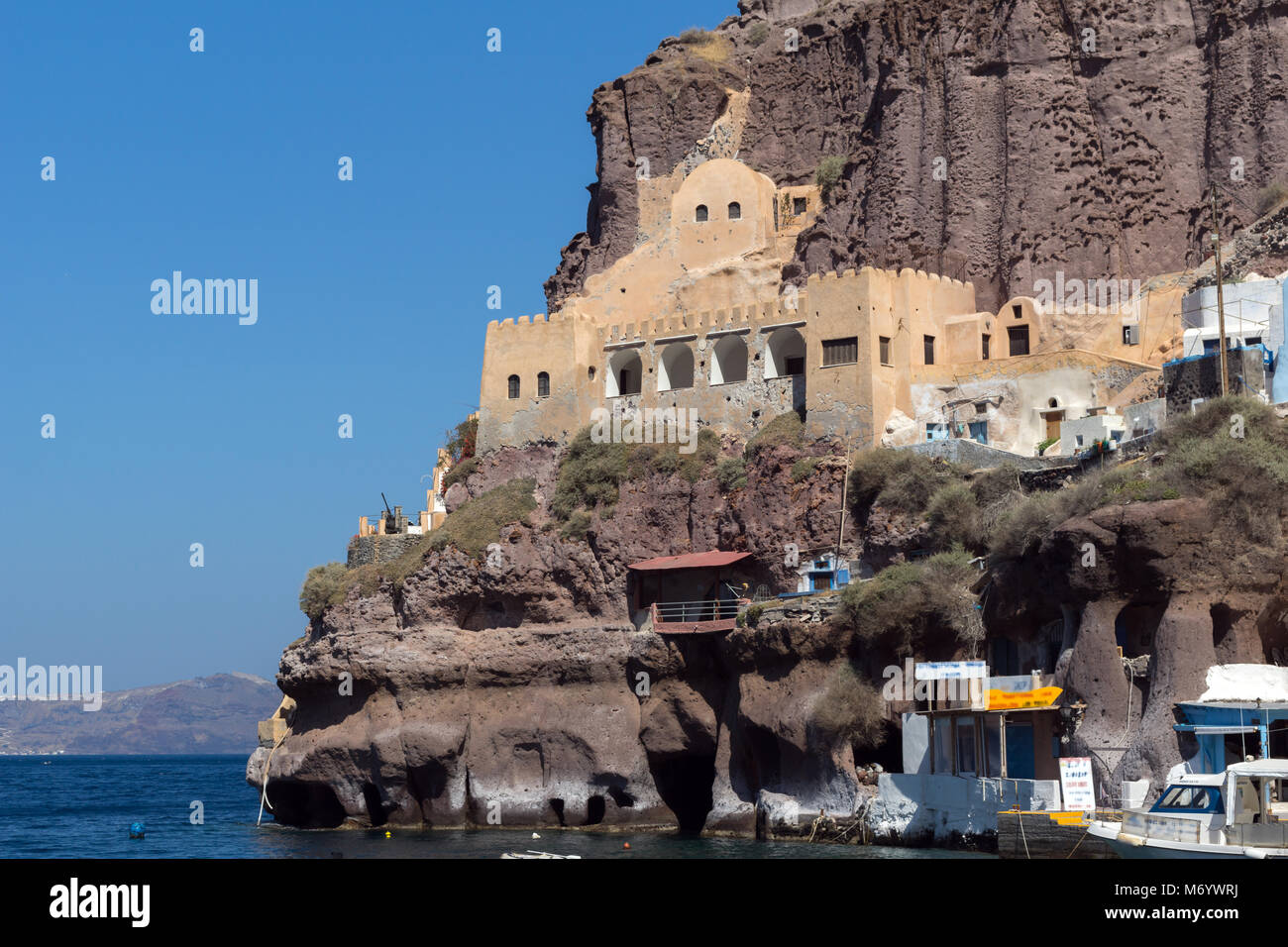 Panoramic view of Port of Fira, Santorini island, Thira, Cyclades ...
