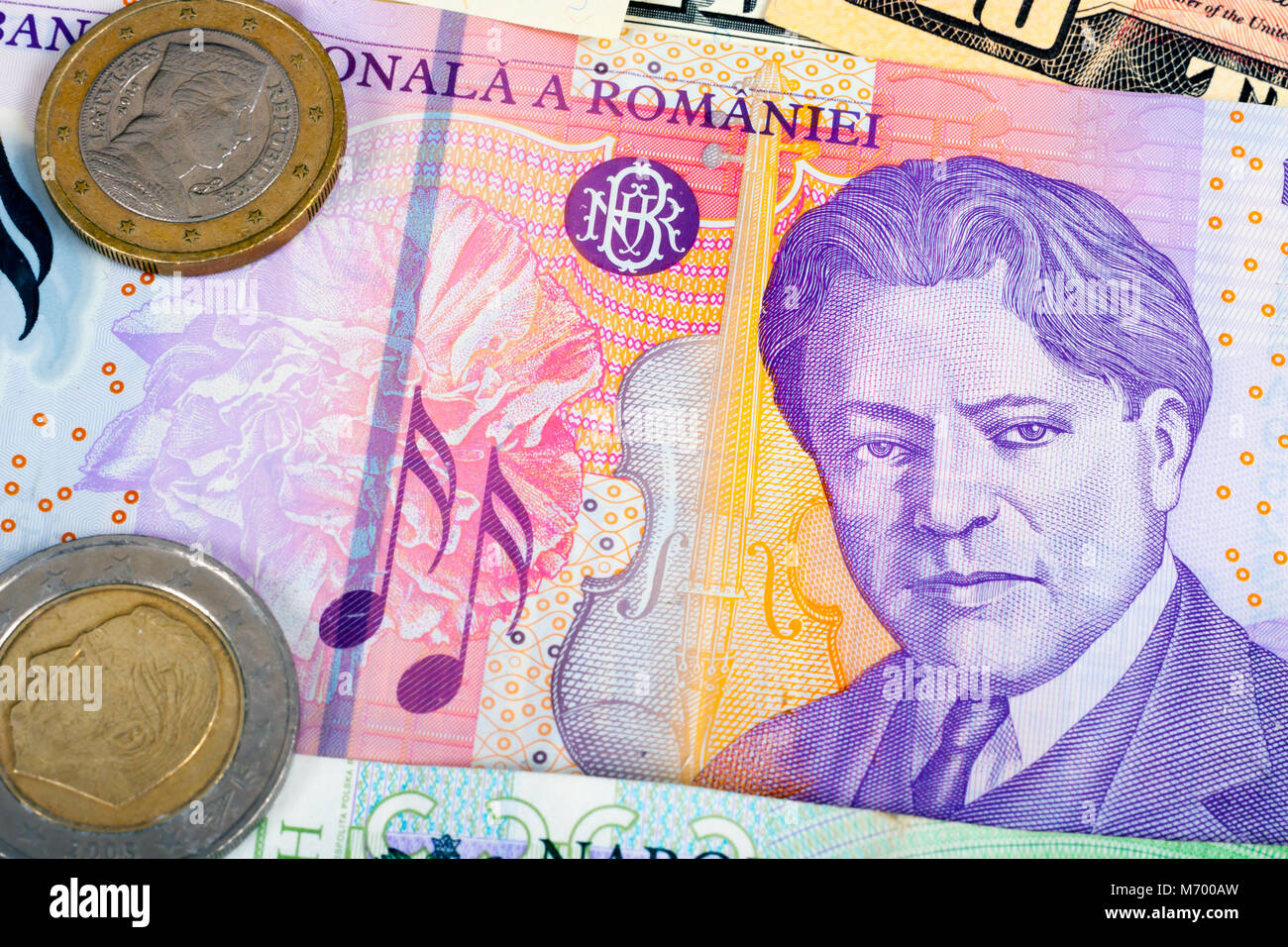 Romania Foreign Currency closeup of money International currencies coin ...