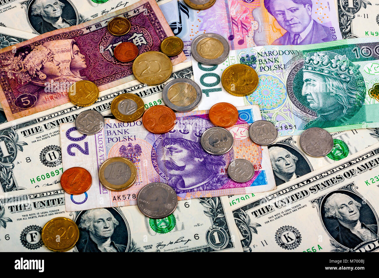 Foreign Currency closeup of money International currencies coin Stock ...