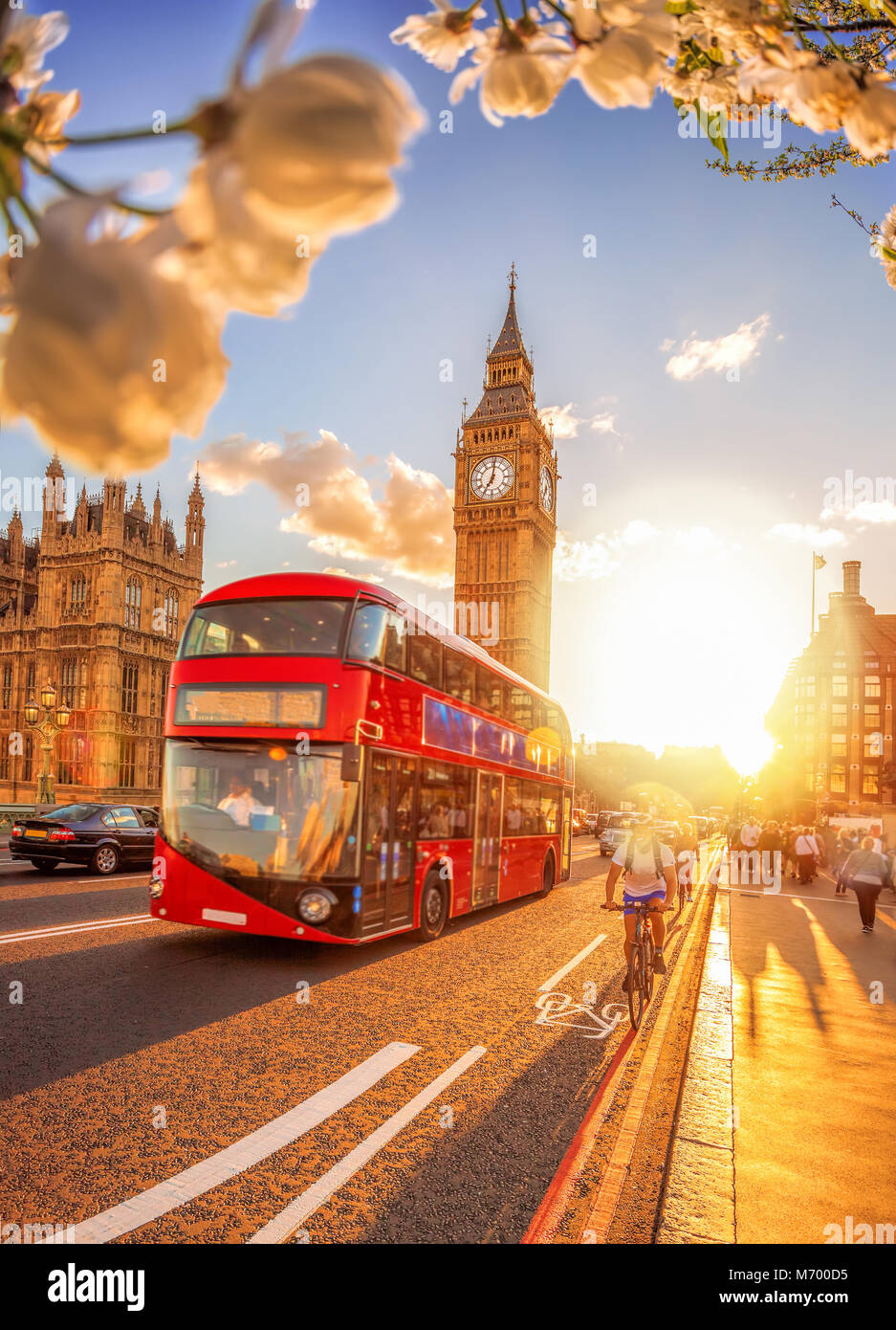 Big Ben with colorful sunset and bus during spring time in London ...