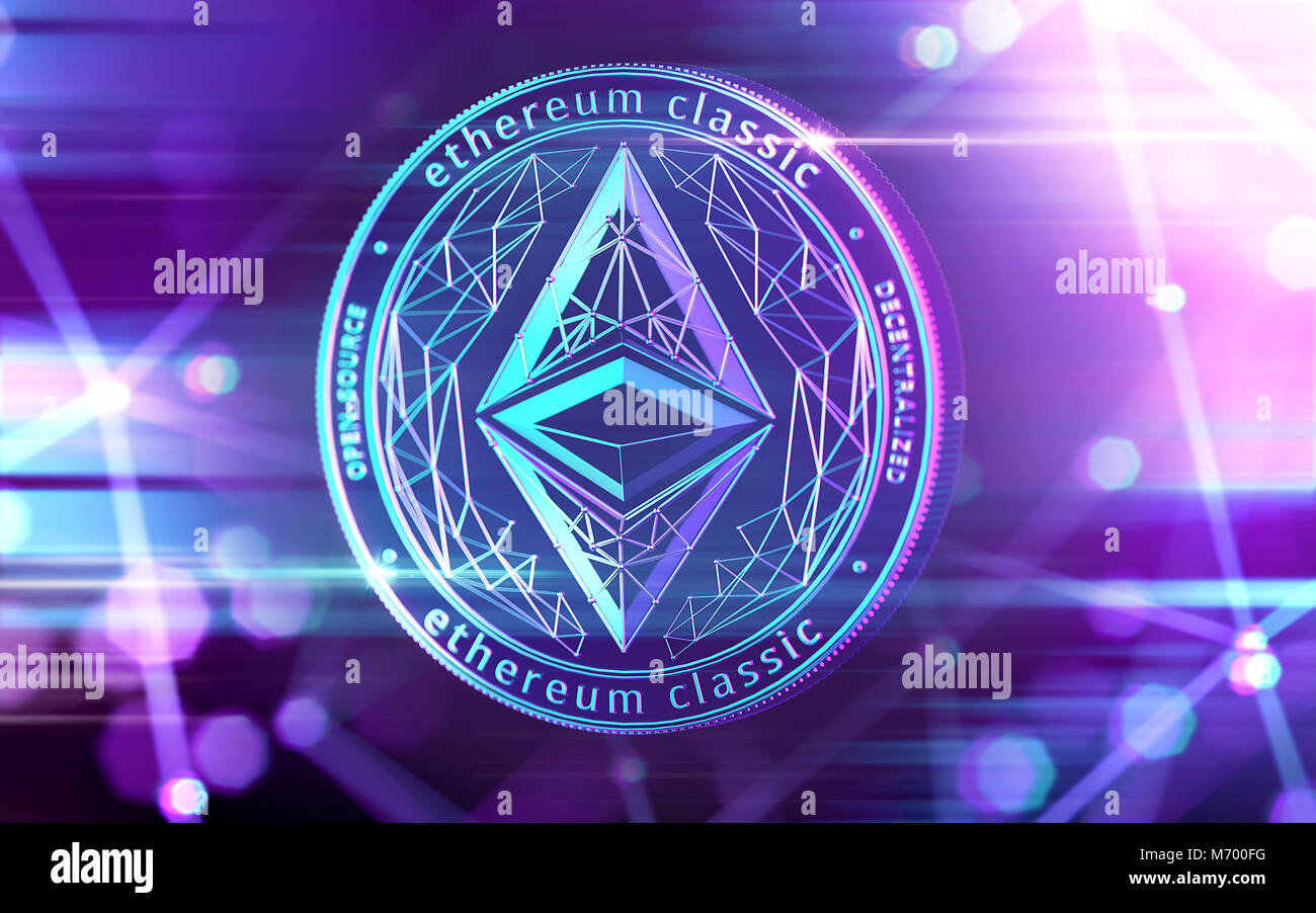 Neon glowing Ethereum Classic (ETC) coin in Ultra Violet colors with cryptocurrency blockchain ...