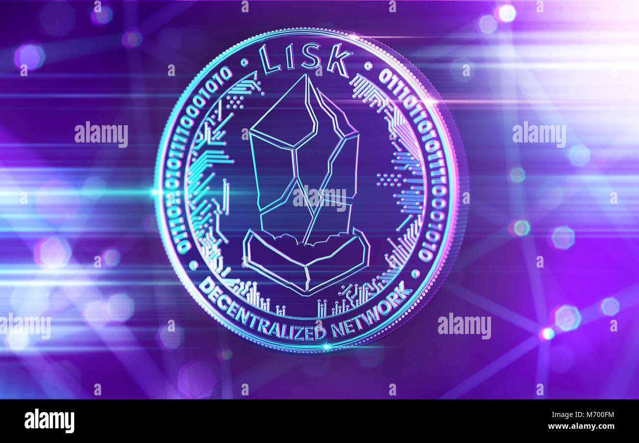 Neon glowing Lisk (LSK) coin in Ultra Violet colors with cryptocurrency ...
