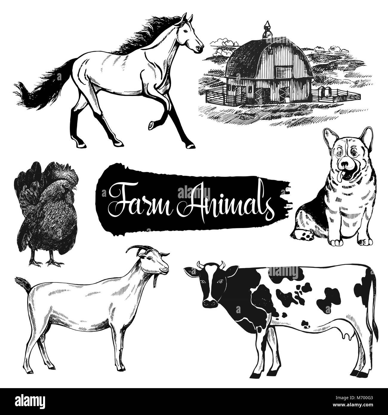 Set of hand drawn sketch style farm building and animals. Vector ...
